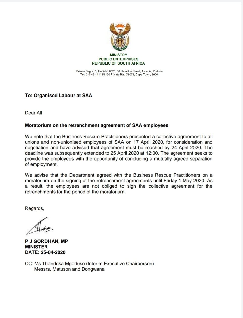 Gordhan steps into SAA crisis, announces a stop to retrenchments – The ...